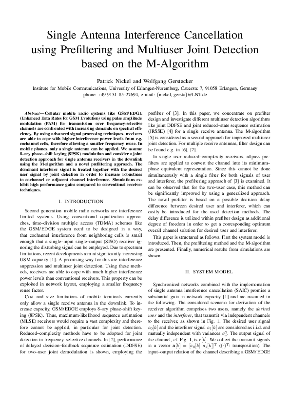(PDF) Single Antenna Interference Cancellation using Prefiltering and Multiuser Joint Detection ...