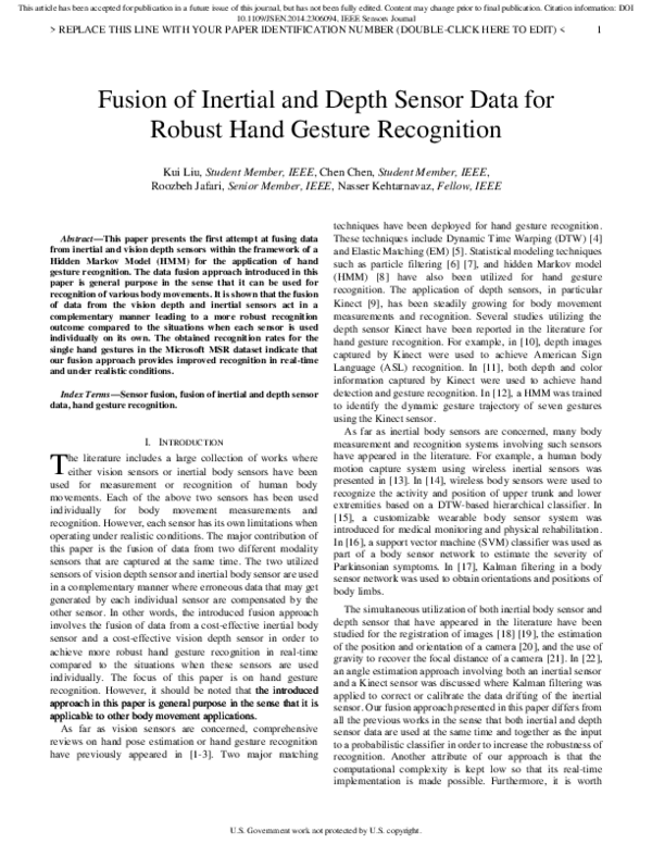 (PDF) Fusion of Inertial and Depth Sensor Data for Robust Hand Gesture ...
