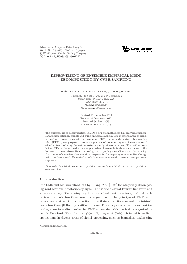 (PDF) IMPROVEMENT OF ENSEMBLE EMPIRICAL MODE DECOMPOSITION BY OVER-SAMPLING