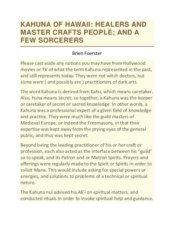 (DOC) KAHUNA OF HAWAII: HEALERS AND MASTER CRAFTS PEOPLE; AND A FEW ...