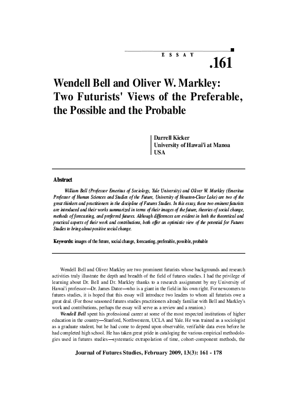 (PDF) "Wendell Bell and Oliver W. Markley: Two futurists' views of the ...