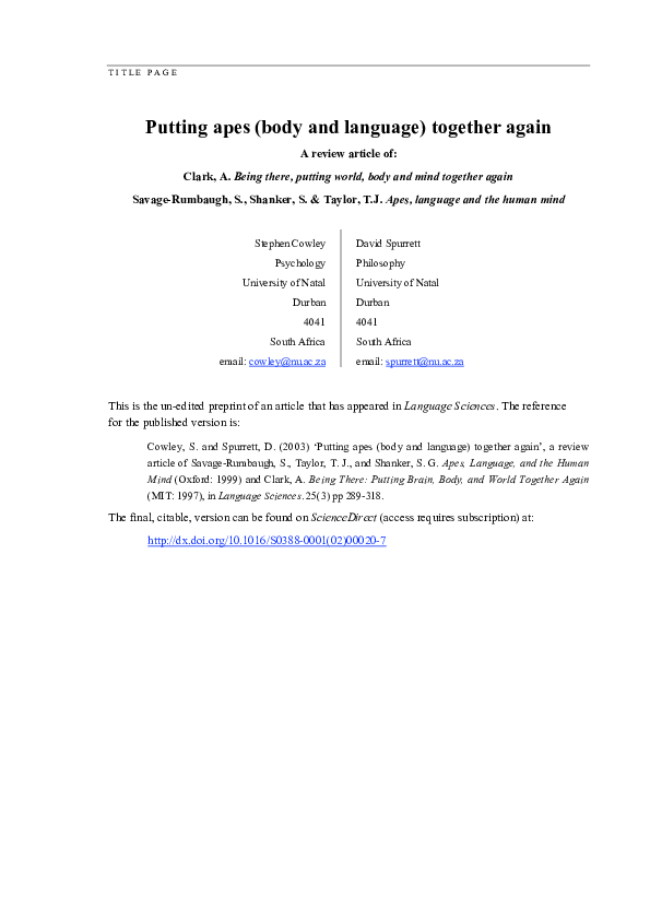 (PDF) Putting apes (body and language) together again