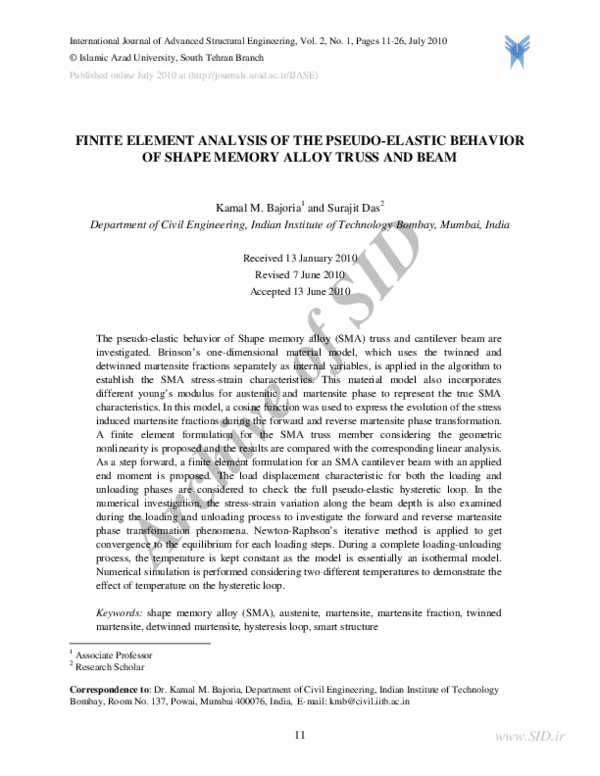 (PDF) FINITE ELEMENT ANALYSIS OF THE PSEUDO-ELASTIC BEHAVIOR OF SHAPE MEMORY ALLOY TRUSS AND ...