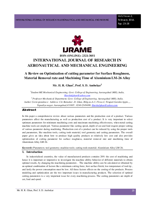 (PDF) A Review on Optimization of cutting parameter for Surface ... (PDF) A Review on Optimization of cutting parameter for Surface ...