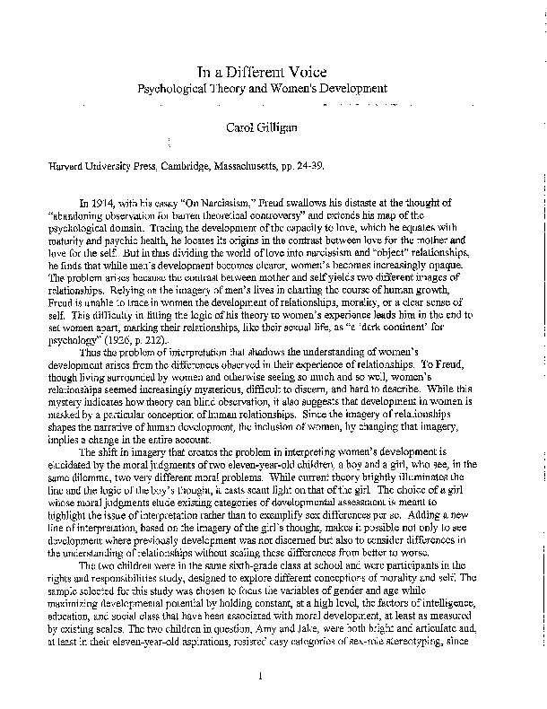 (PDF) In a Different Voice Psychological Theory and Women's Developmen t