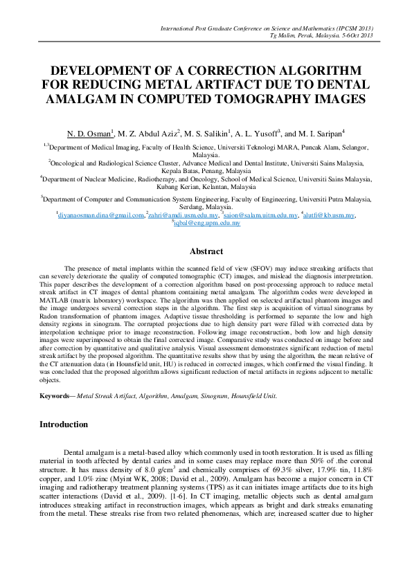 (PDF) Analysis of metal artifact reduction tools for dental hardware in CT scans of the oral ...