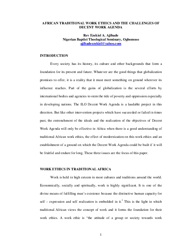 (PDF) AFRICAN TRADITIONAL WORK ETHICS AND THE CHALLENGES OF DECENT WORK ...