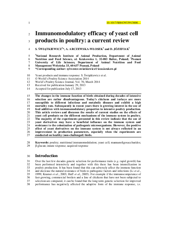 (PDF) Immunomodulatory efficacy of yeast cell products in poultry: a ...