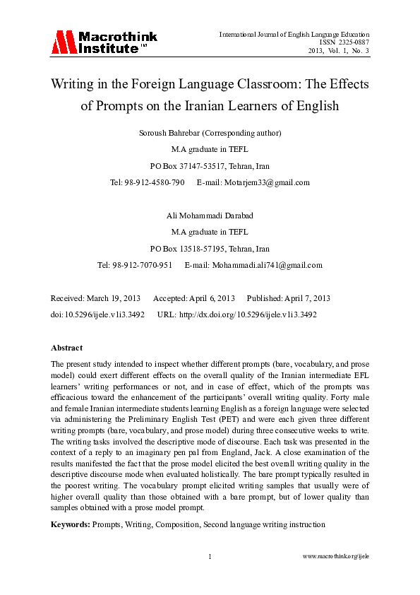 (PDF) Writing in the Foreign Language Classroom: The Effects of Prompts ...