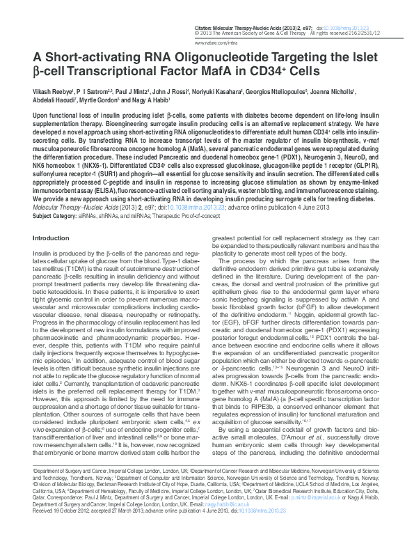 (PDF) A Short-activating RNA Oligonucleotide Targeting the Islet β-cell ...