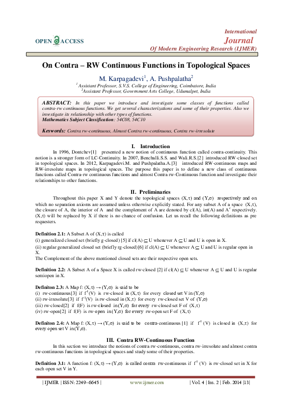 (PDF) International OPEN ACCESS On Contra – RW Continuous Functions in Topological Spaces