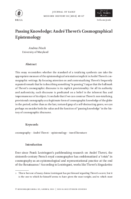 (PDF) Passing Knowledge: André Thevet's Cosmographical Epistemology