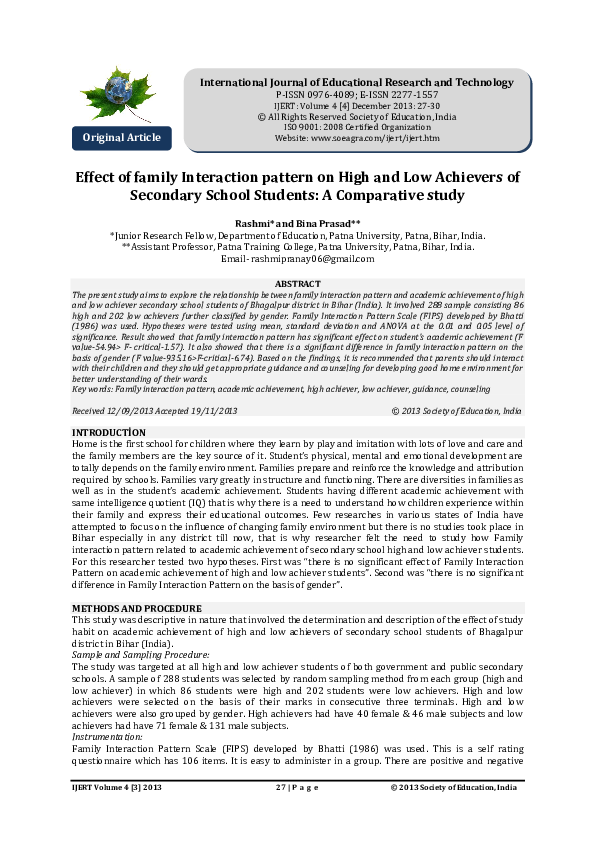 (PDF) Effect of family Interaction pattern on High and Low Achievers of ...