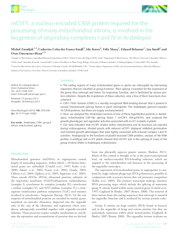 (PDF) mCSF1, a nucleus-encoded CRM protein required for the processing ...