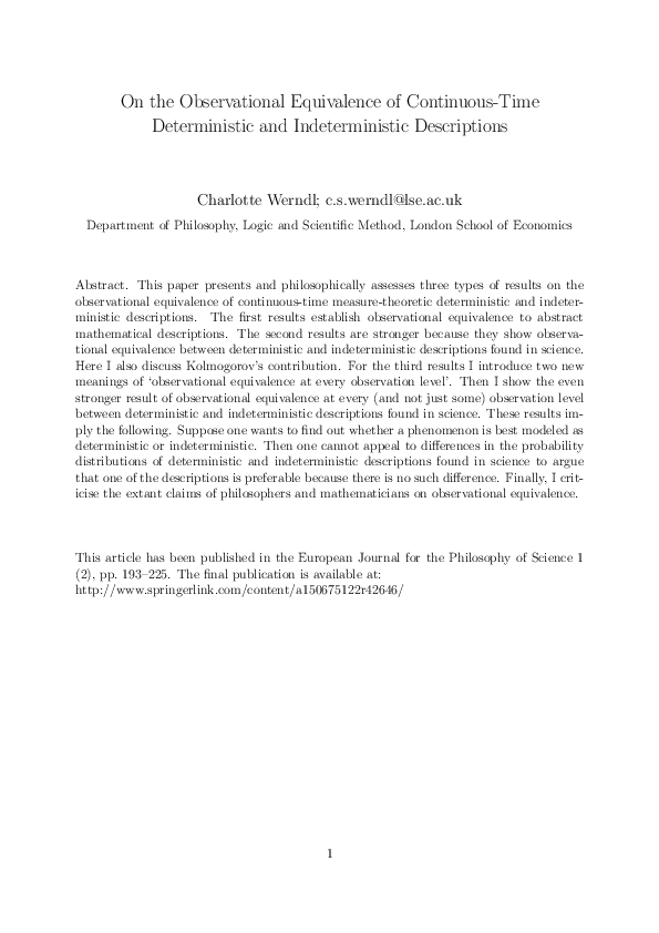 Pdf On The Observational Equivalence Of Continuous Time Deterministic And Indeterministic