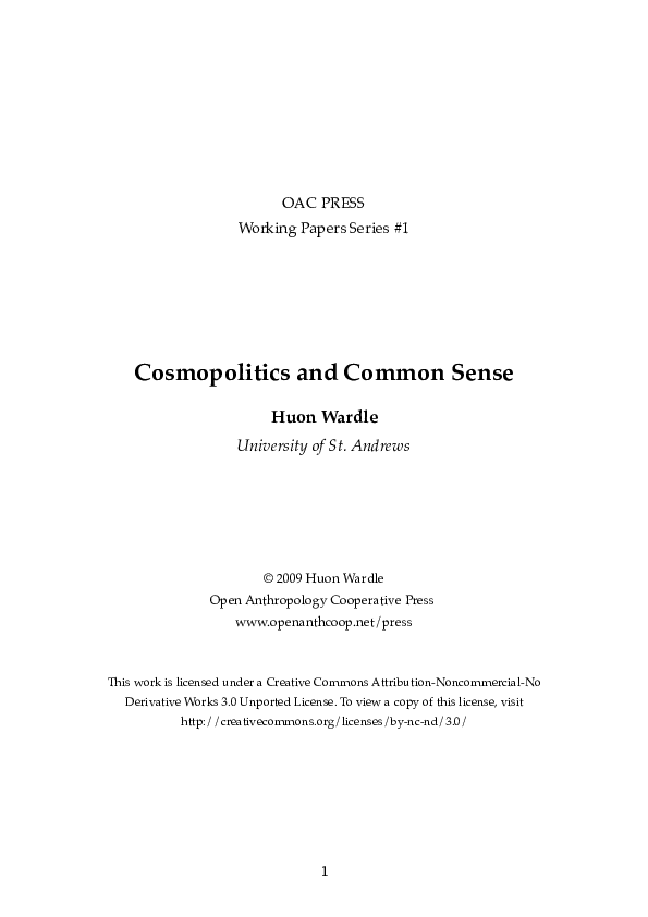 (PDF) Cosmopolitics and Common Sense