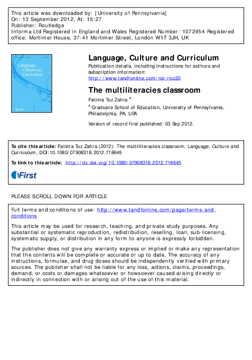 (PDF) Language, Culture and Curriculum The multiliteracies classroom