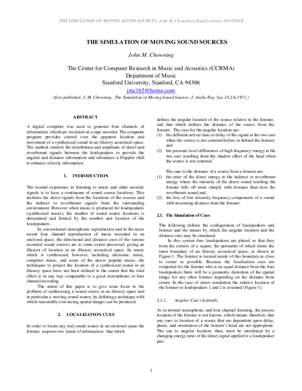 Pdf The Simulation Of Moving Sound Sources The Simulation Of Moving
