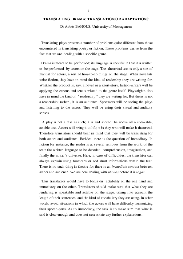 Translating Drama-2003 | Abbes BAHOUS - Academia.edu