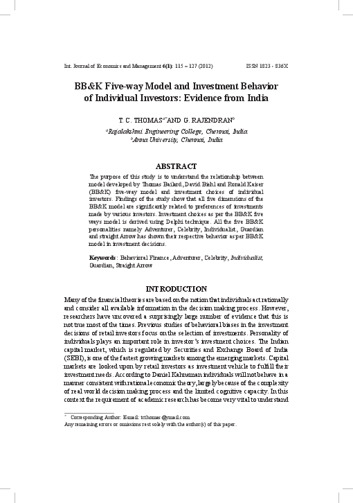 (PDF) BB&K Five-way Model and Investment Behavior of Individual Investors: Evidence from India