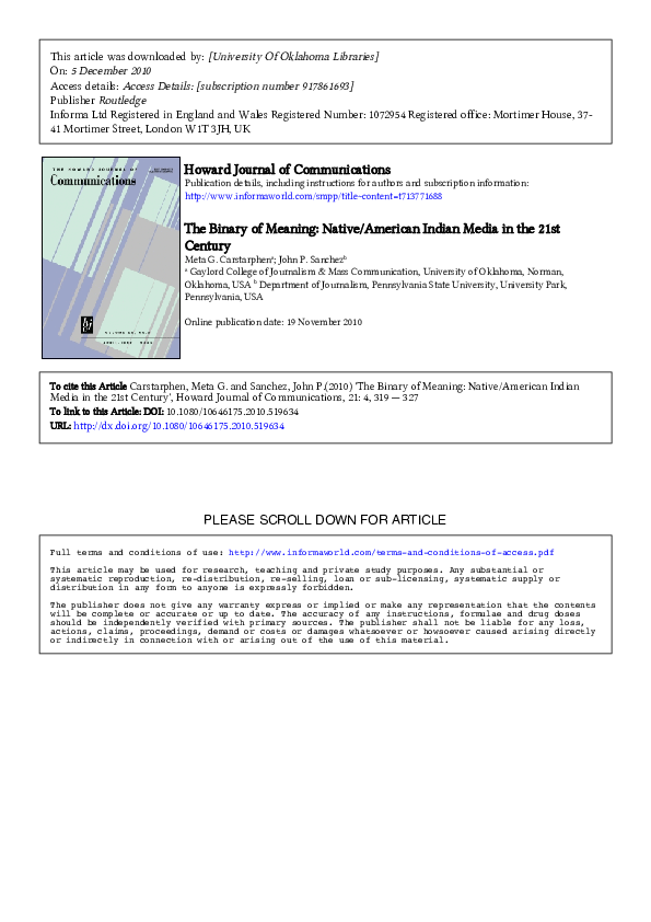 Pdf The Binary Of Meaning Nativeamerican Indian Media In The 21st Century 