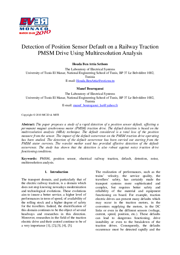 (PDF) Detection of Position Sensor Default on a Railway Traction PMSM Drive Using ...