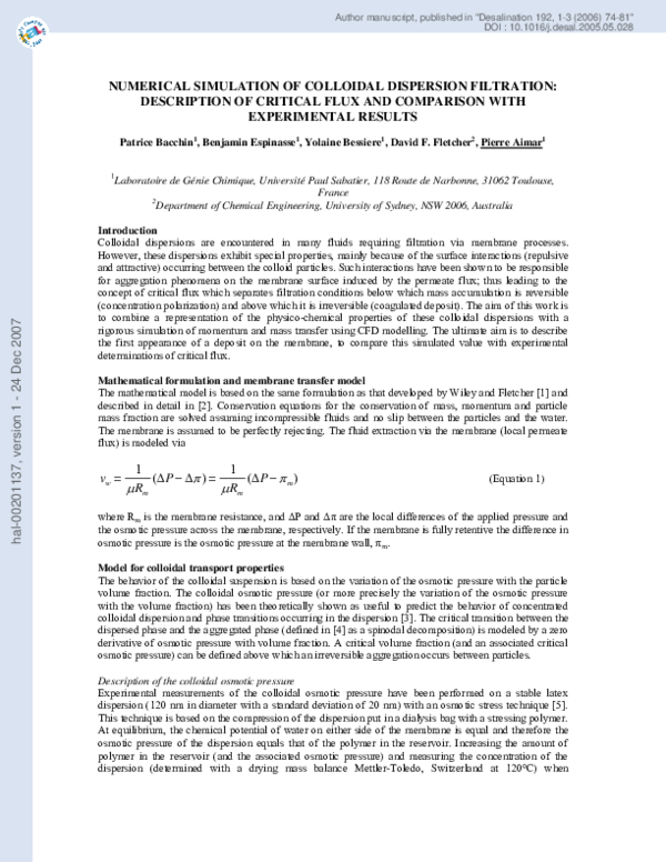 Pdf Numerical Simulation Of Colloidal Dispersion Filtration