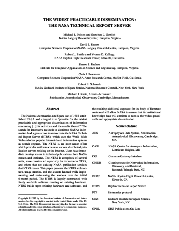 (PDF) THE WIDEST PRACTICABLE DISSEMINATION: THE NASA TECHNICAL REPORT ...