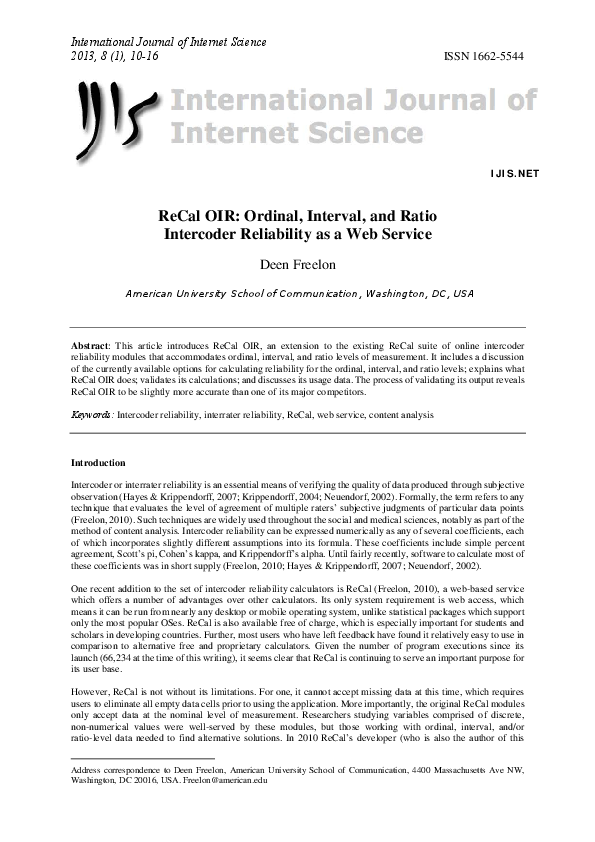 (PDF) ReCal OIR: Ordinal, Interval, and Ratio Intercoder Reliability as a Web Service