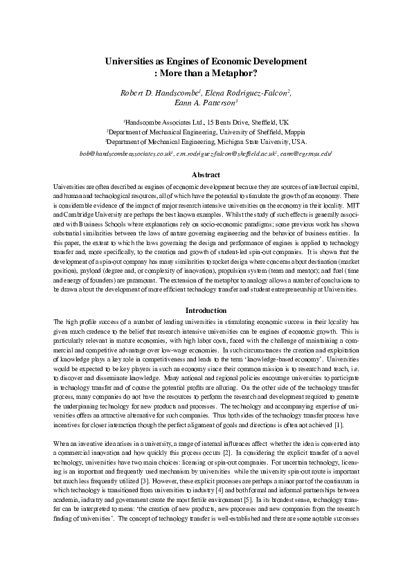 (PDF) Universities as Engines of Economic Development : More than a Metaphor