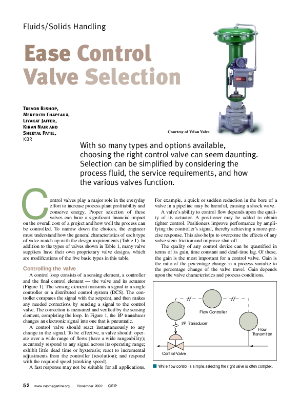 (PDF) Fluids/Solids Handling Ease Control Valve Selection