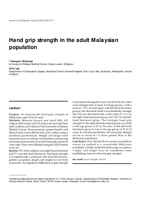 (PDF) Hand grip strength in the adult Malaysian population