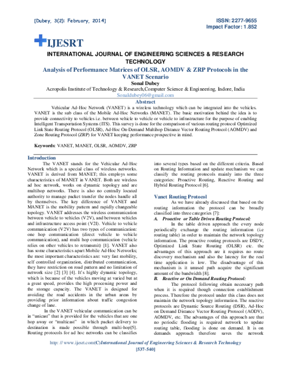 Pdf Analysis Of Performance Matrices Of Olsr Aomdv And Zrp Protocols In The Vanet Scenario