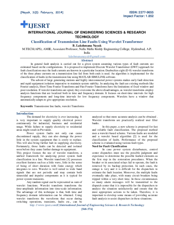 Pdf Classification Of Transmission Line Faults Using Wavelet Transformer