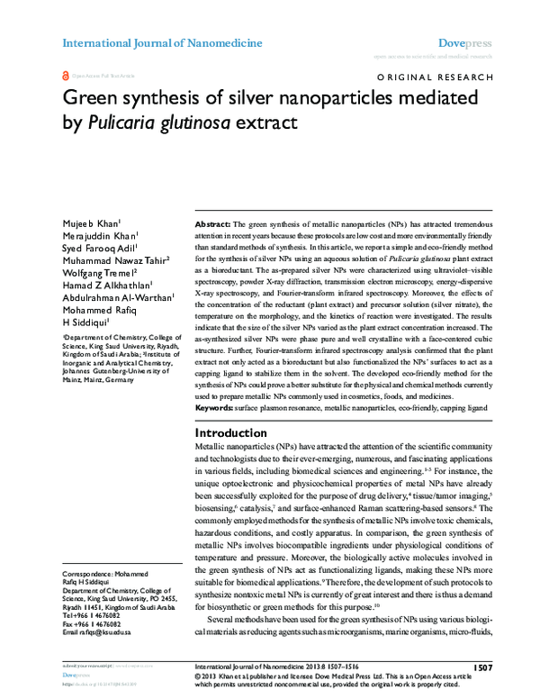 (PDF) Green synthesis of silver nanoparticles mediated by Pulicaria glutinosa extrac