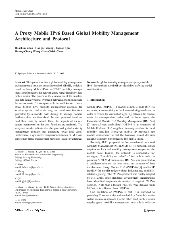 Pdf Gpmip A Proxy Mobile Ipv6 Based Global Mobility Management Architecture And Protocol