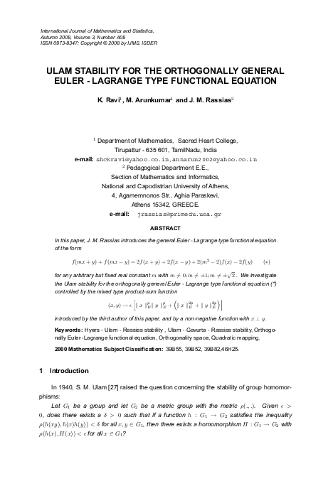 (PDF) ULAM STABILITY FOR THE ORTHOGONALLY GENERAL EULER -LAGRANGE TYPE FUNCTIONAL EQUATION