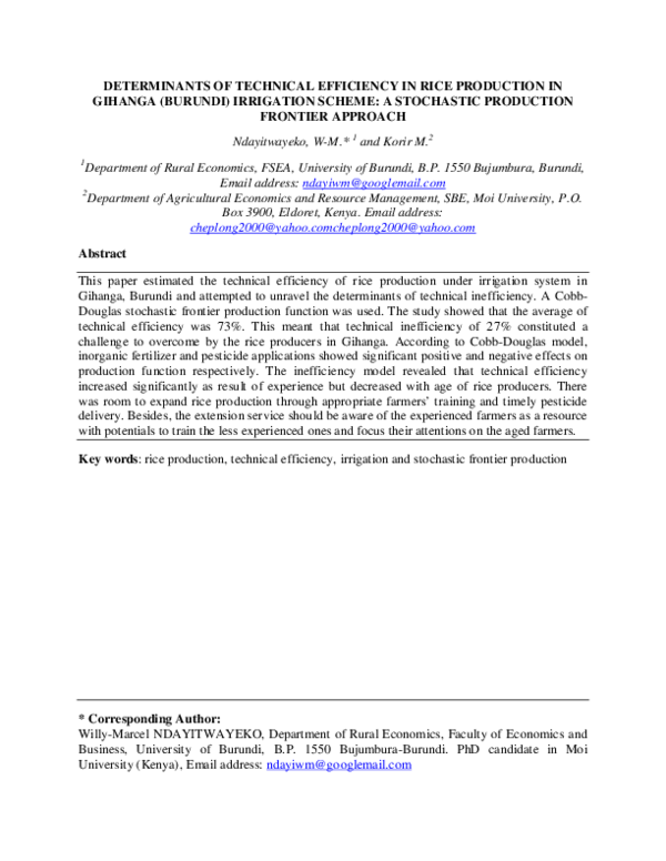 (PDF) DETERMINANTS OF TECHNICAL EFFICIENCY IN RICE PRODUCTION IN GIHANGA (BURUNDI) IRRIGATION ...