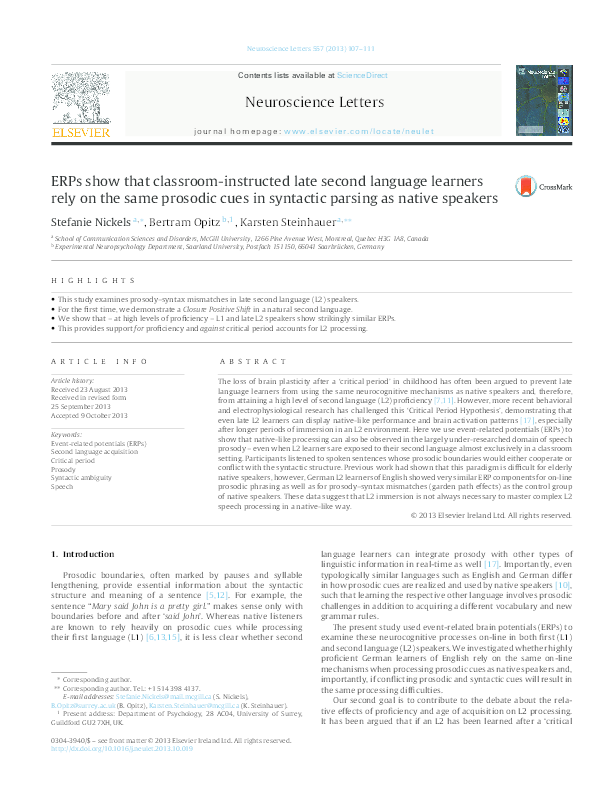 (PDF) ERPs show that classroom-instructed late second language learners rely on the same ...
