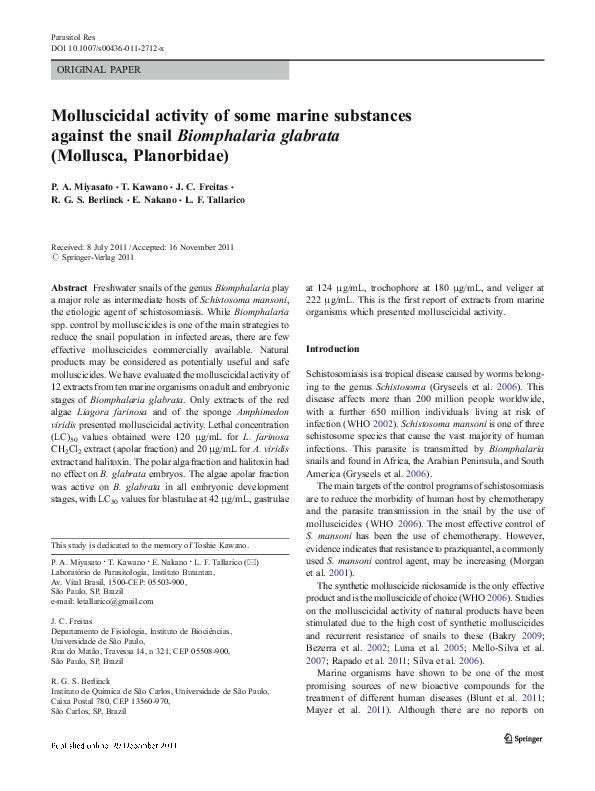 (PDF) Molluscicidal activity of some marine substances