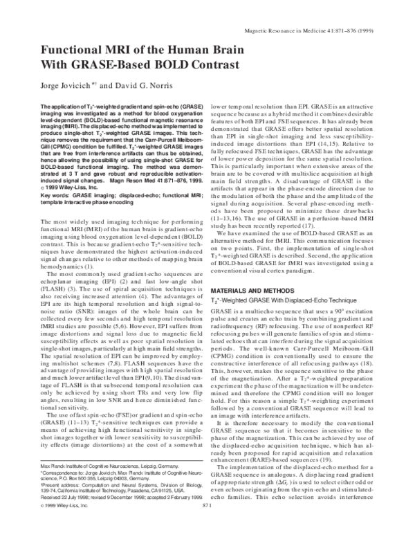 (PDF) Functional MRI of the human brain with GRASE-based BOLD contrast