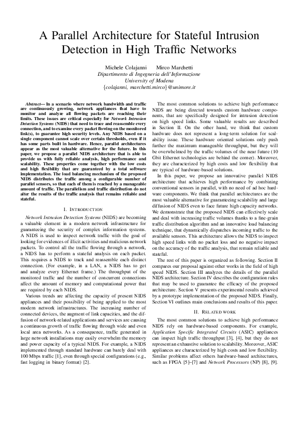 (PDF) A Parallel Architecture for Stateful Intrusion Detection in High Traffic Networks