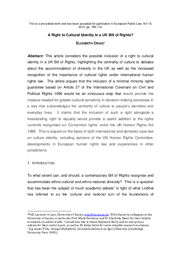 (PDF) A Right to Cultural Identity in a UK Bill of Rights?