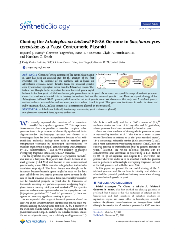 (PDF) Cloning the Acholeplasma laidlawii PG-8A Genome in Saccharomyces ...