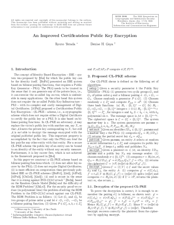 (PDF) An Improved Certificateless Public Key Encryption