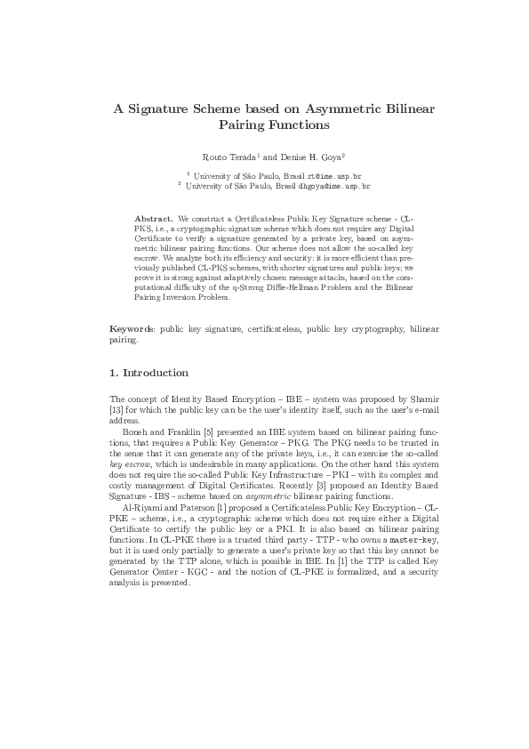 Pdf A Signature Scheme Based On Asymmetric Bilinear Pairing Functions