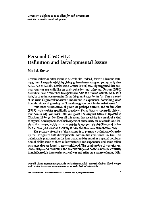 (PDF) Personal creativity: Definition and developmental issues