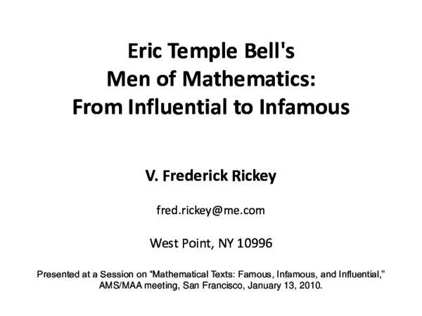(PPT) Eric Temple Bell's Men of Mathematics: From Influential to Infamous