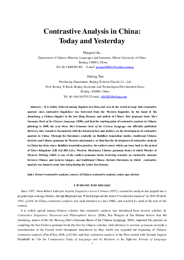 (PDF) Contrastive Analysis in China: Yesterday and Today