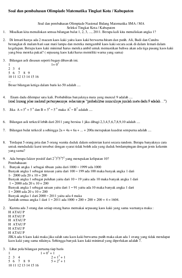 Soal dan pembahasan Olimpiade Matematika Tingkat Kota